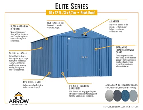 Arrow Shed Elite 10' x 12' Outdoor Lockable Gable Roof Steel Storage Shed Building, Cool Grey