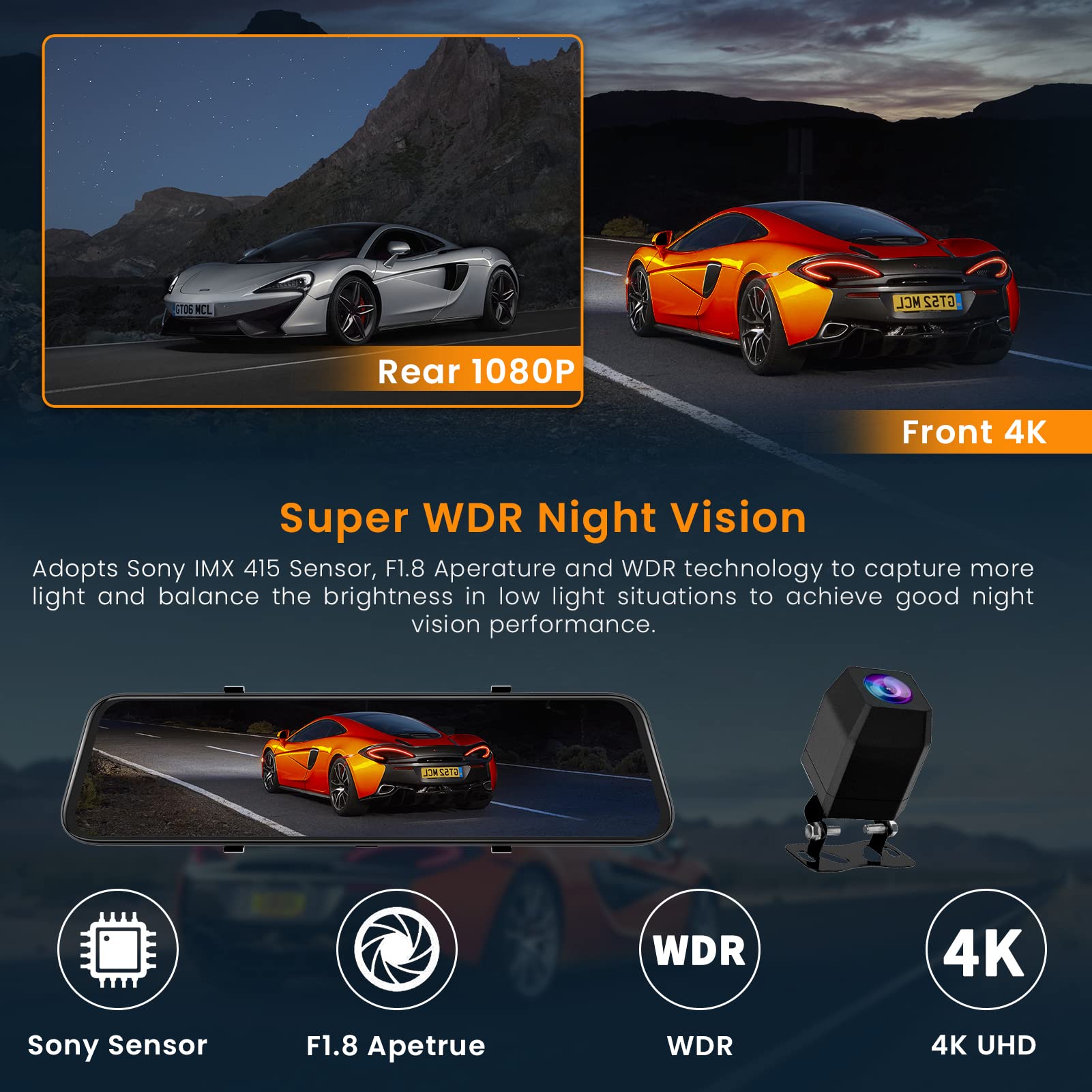 4K Mirror Dash Cam, 12" Dash Cam Front and Rear 4K+1080P Backup Camera, Rearview Mirror Camera with Touch Screen, Voice Control, Night Vision, Parking Monitor Dual Dash Camera for Cars