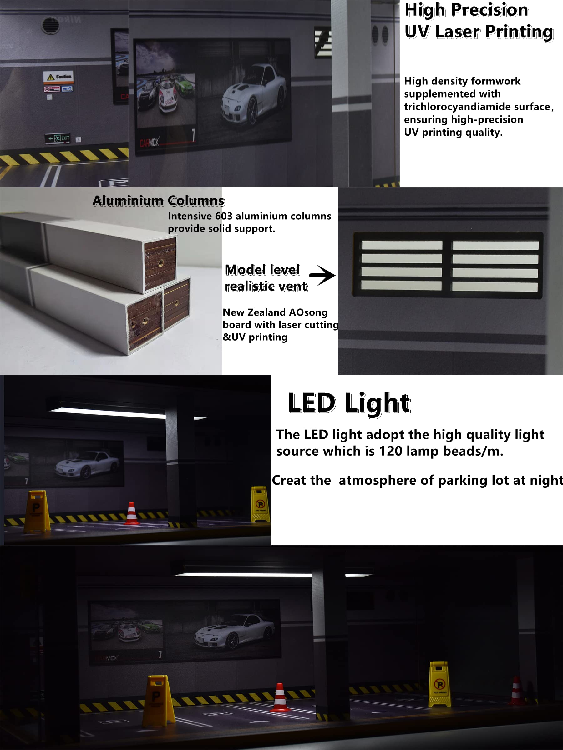 Otypus 1/24 Scale Model Car Display Case with Light, 1 24 Diecast Cars Storage Cases in Parking Lot Scene, Acrylic Toy Garage for Alloy Car Models (Grey-8 Parking Place)