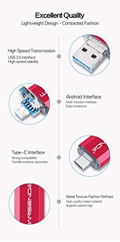 WANSENDA USB 3.1 Photo Stick 128GB 3 in 1 High Speed Flash Drive for Android Phones Type C/USB C Devices/Tablets/Samsung Galaxy,LG,Hua Wei,Google Pixel(128GB, Red)