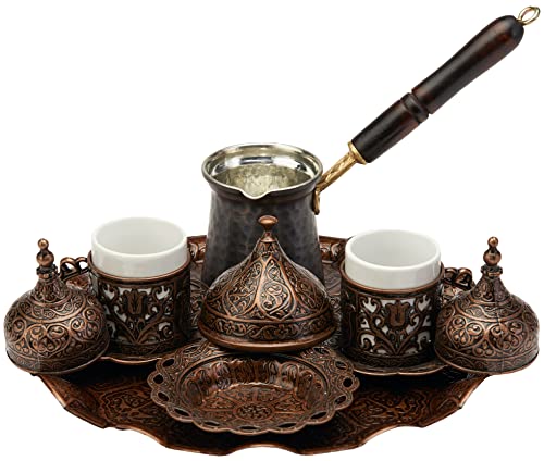 DEMMEX 2023 Turkish Greek Arabic Coffee Full Set with Cups Saucers Lids Sugar Bowl Tray and Copper Coffee Pot, 12 Pcs