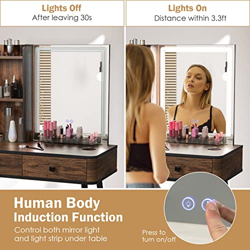 CHARMAID Vanity Set with Dimmable Lighted Mirror, 3 Lighting Modes, Human Body Induction, Side Cabinet, 2 Drawers, Storage Shelves, Cosmetic Tray, Makeup Table Dressing Desk with Stool (Rustic Brown)