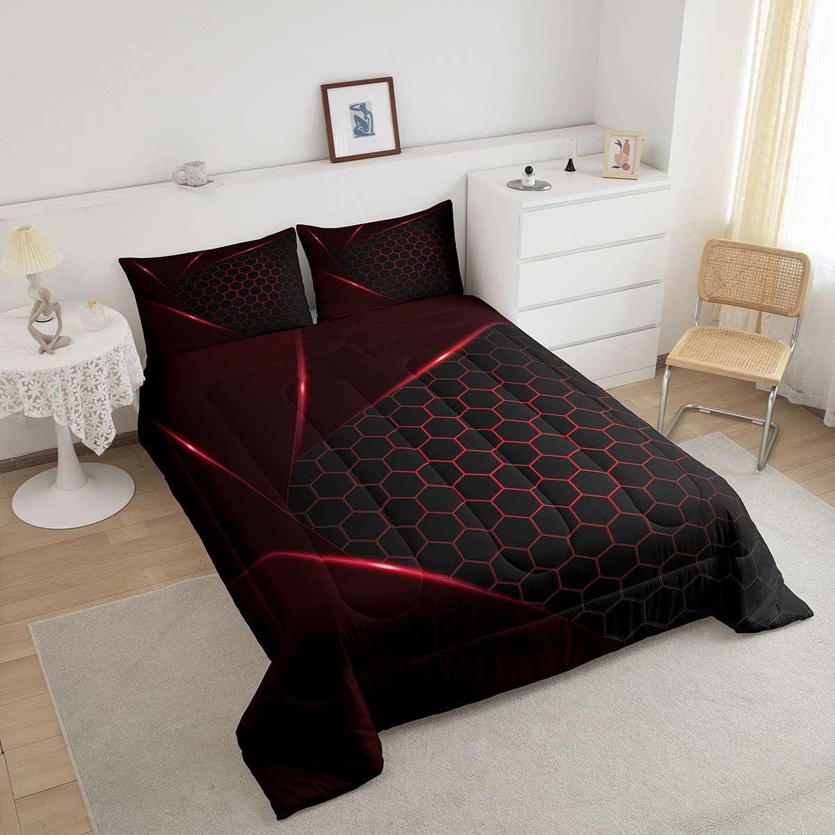 Honeycomb Geometric Hexagon Kids Comforter Set Queen Size,Glitter Neon Lines Bedding Set,Girls Boys Adults Bedroom Decor,Abstract Stylish Down Comforter,Red Black Classic Duvet Insert,2 Pillowcases