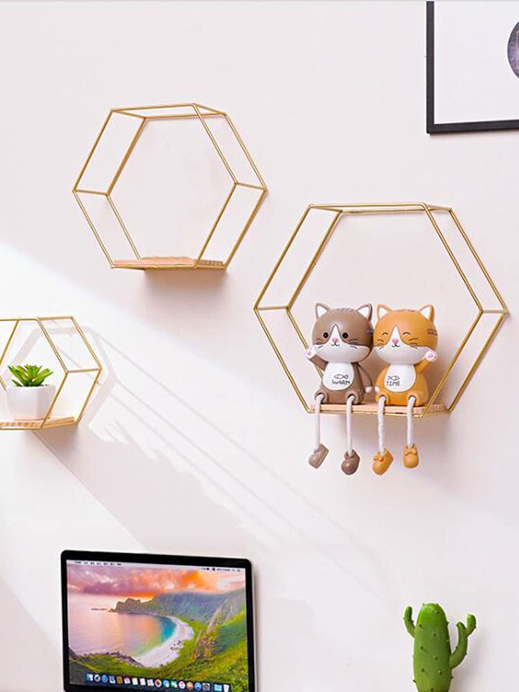 Mnaocz 3Pcs Hexagon Floating Shelves, Hexagon Shaped Floating Wall Shelves for Bedroom, Metal Wire and Rustic Wood Wall Storage Shelves for Home Decor(#1)