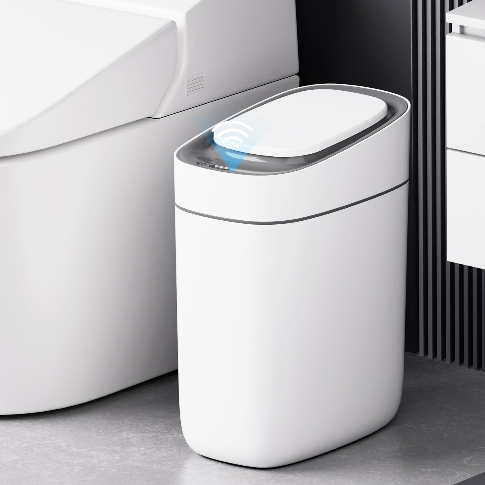 Apetecer Trash Can with Lid Automatic Garbage Can, 3.5 Gallon Slim Small White Plastic Smart Trash Bin, Narrow Motion Sensor for Bedroom, Bathroom, Toilet Office(4*AA Battery)