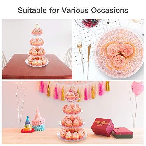 NWK 3/4-Tier Cupcake Stand with Crystal-Clear Plastic Plates and Metal Struts Dessert Stable Tower Display Rack Serving Tray for Wedding Birthday Bridal Shower Autumn NYE Tea Party (Gold)