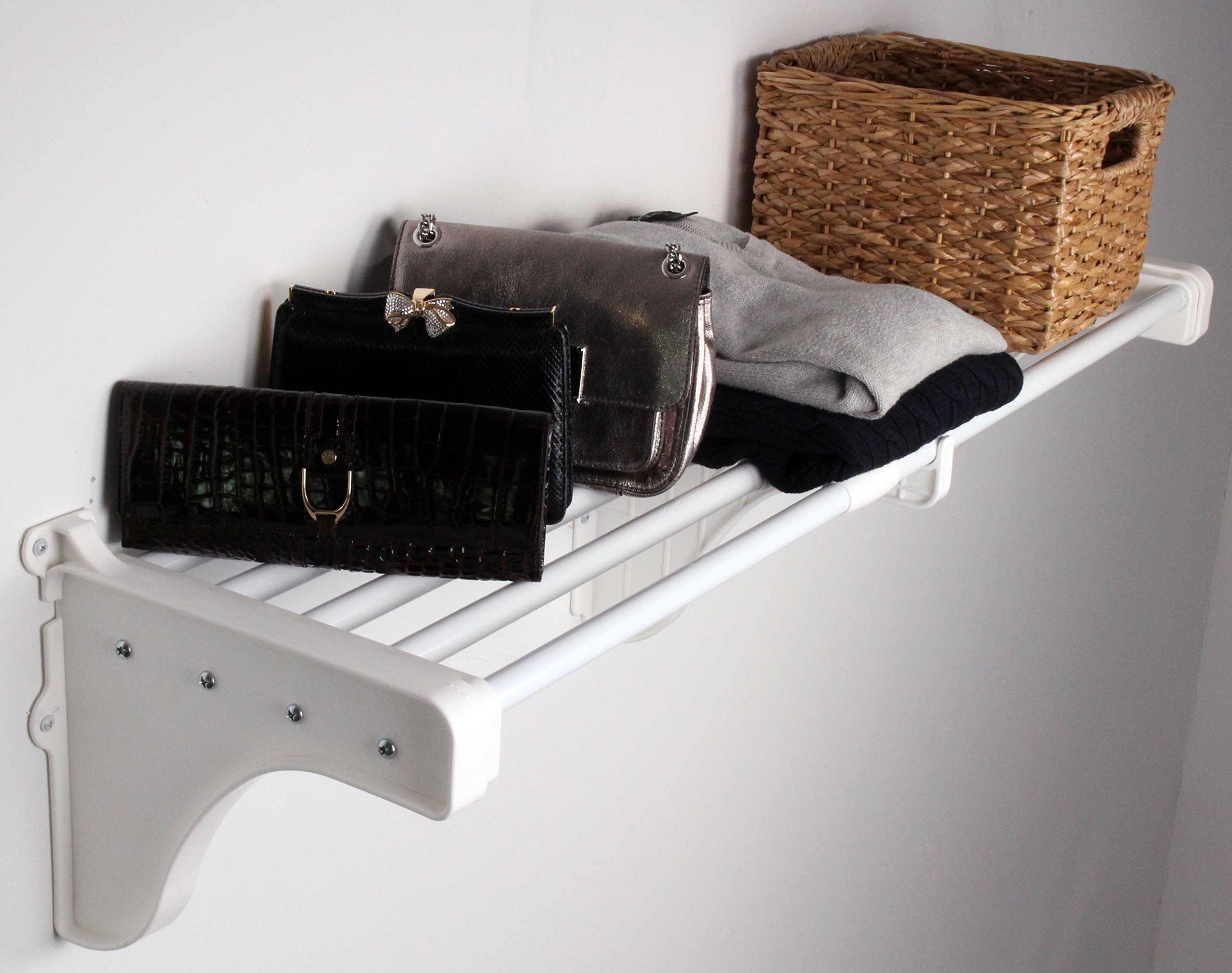 EZ Shelf-Expandable-Closet Shelf (NO Hanging Rod)- 30β to 50β -White-Easy Install to Backwall(Floating)-Wire Closet Shelving Alternative-(EZS-SW48-1-2)