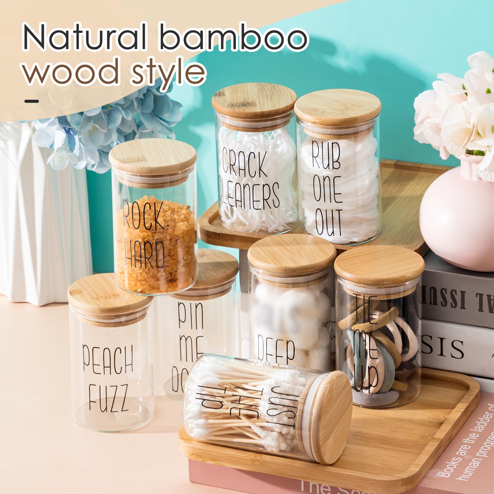 Tessco 8 Pcs Bathroom Jars with Lids Set 10Oz Apothecary Jars Glass Bathroom Jars with Bamboo Lid Cotton Ball Holder Funny Bathroom Canisters Bathroom Storage Decor for Floss Pick Makeup Organizer