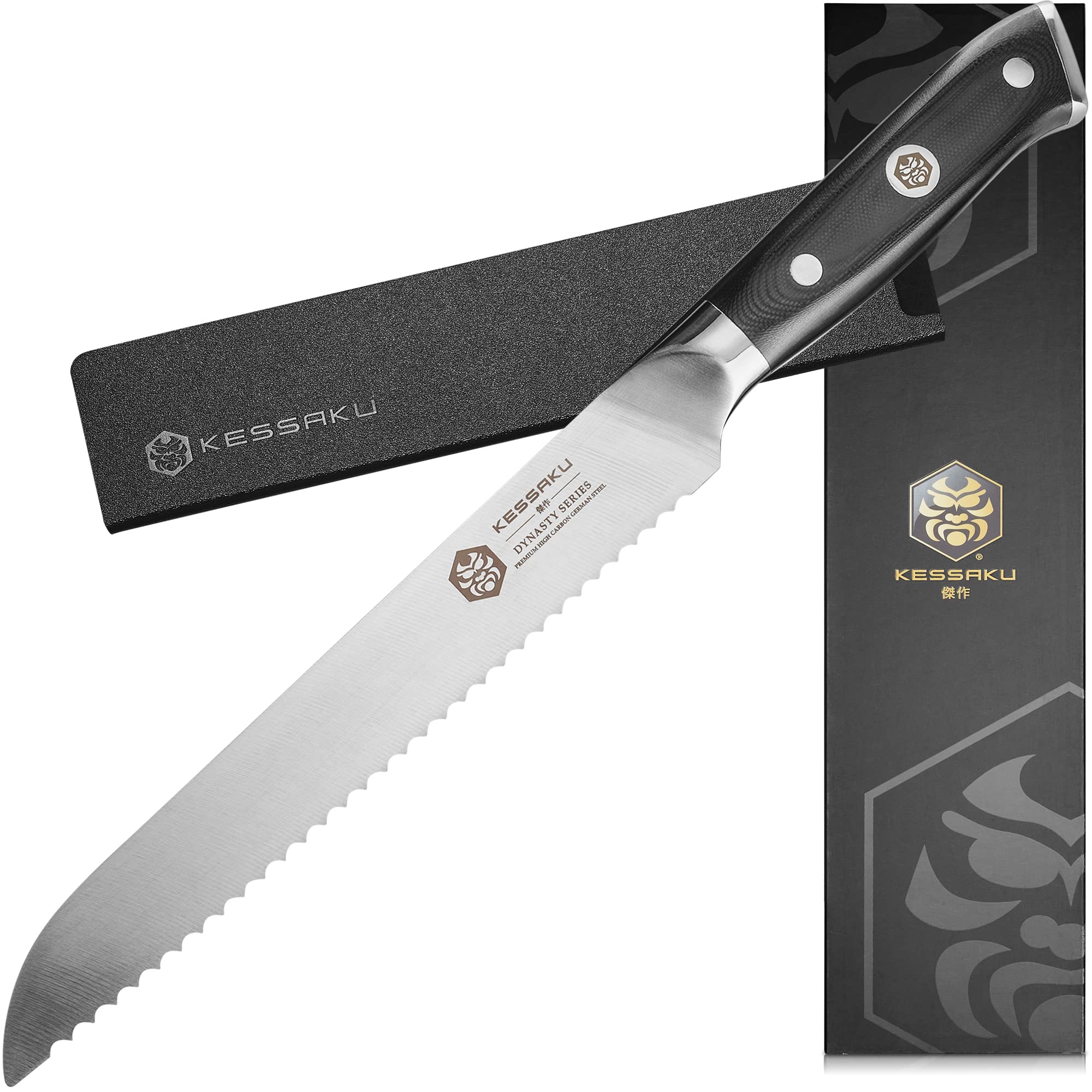 KESSAKU Serrated Bread Knife - 8 inch - Dynasty Series - Razor Sharp Kitchen Knife - Forged ThyssenKrupp German High Carbon Stainless Steel - G10 Garolite Handle with Blade Guard