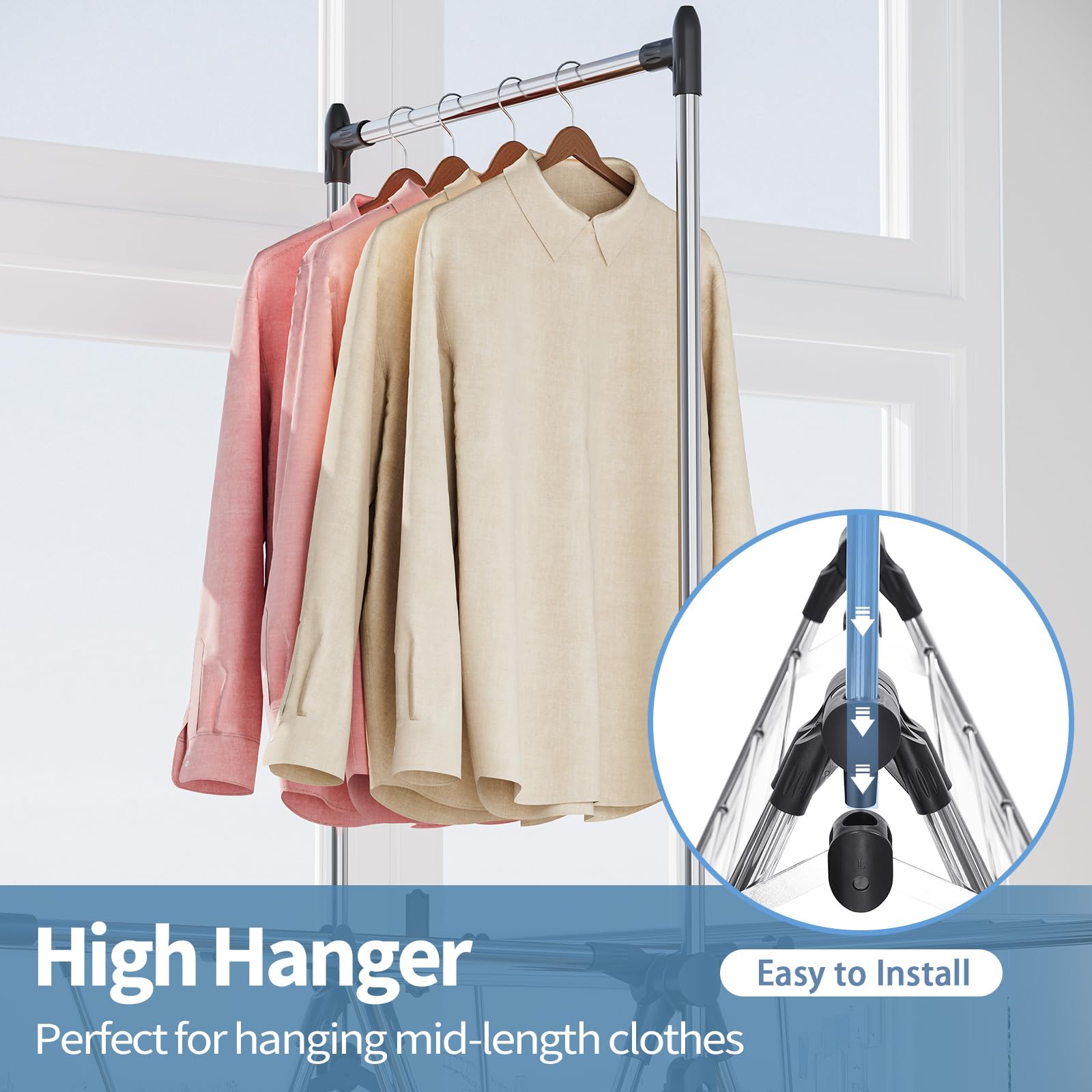 APEXCHASER Clothes Drying Rack with High Hanger, Foldable 3-Level Drying Racks with Shoe Rack, Crossbar and Vertical Rod Laundry Stand with Adjustable Wings
