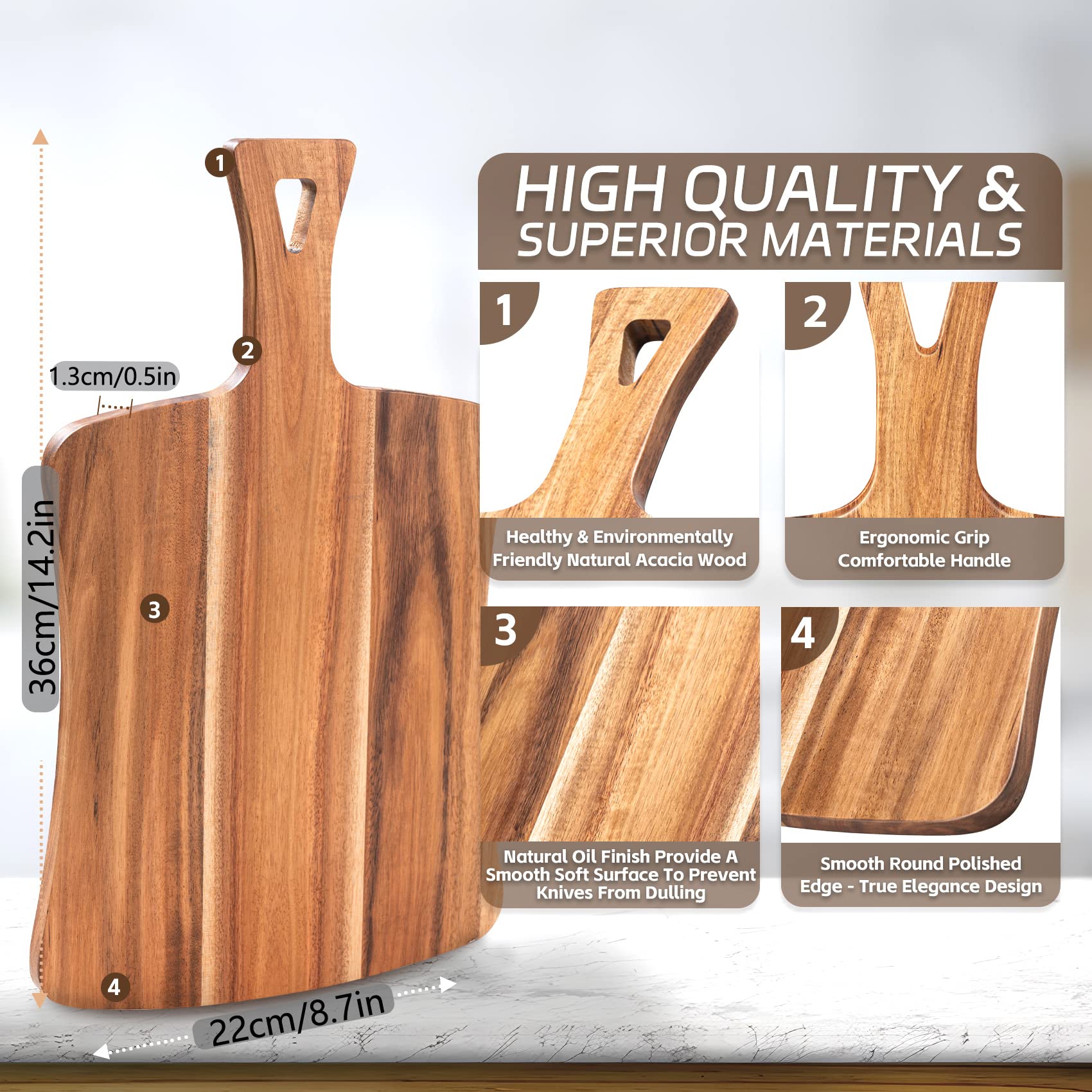 Acacia Wood Cutting Board with Handle for kitchen- GLNWUE Wooden Chopping Board Countertop for Meat, Cheese, Bread, Vegetables Fruits Charcuterie Cheese Serving Boards One Size