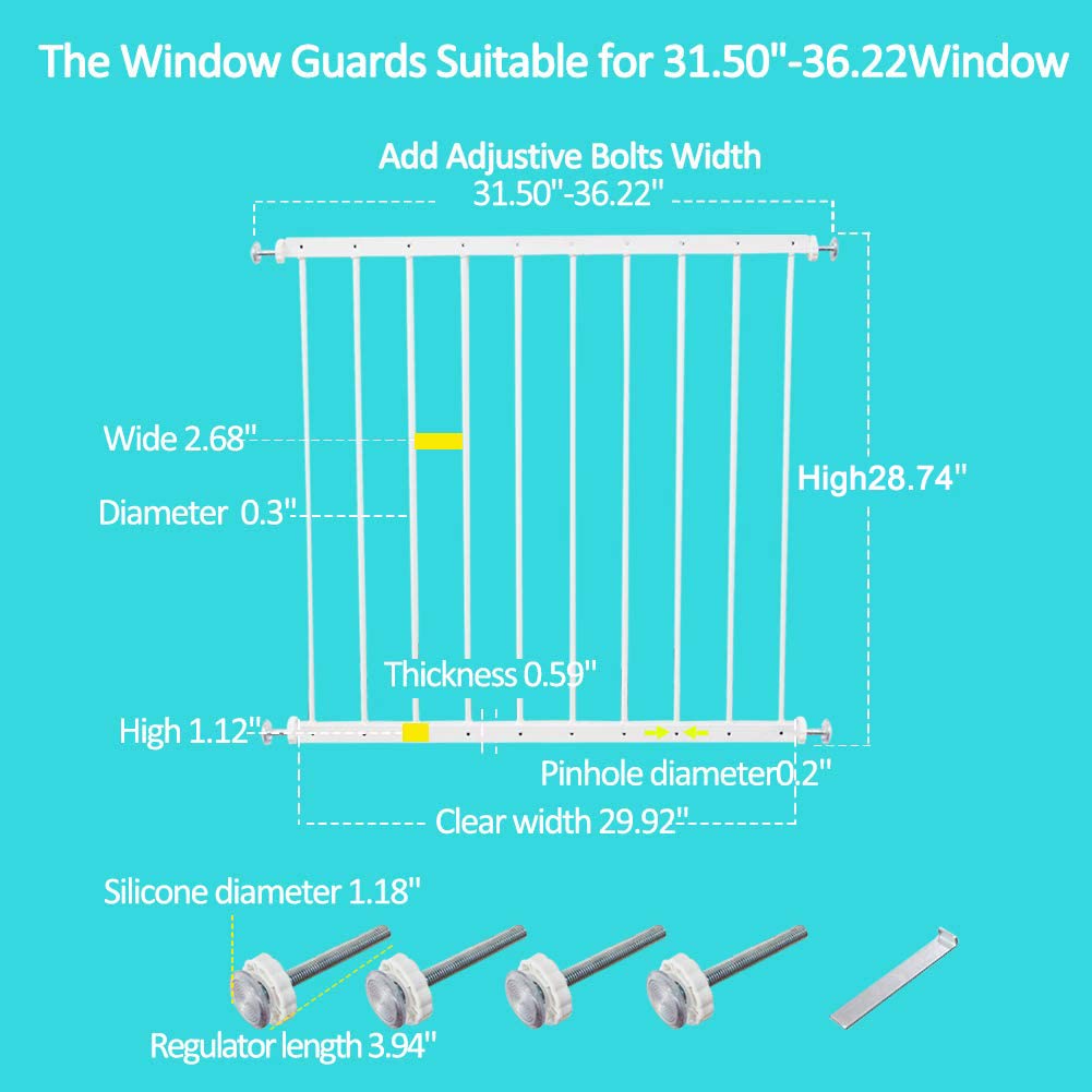 WAOWAO Window Safety Guards for Children Kids Child Toddler Pets Extra Wide White Tension Security Window Guard Gate for Home Fit 19.49-33.60" Sliding Windows (2Piece)