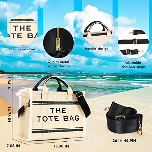 JQAliMOVV The Tote Bag for Women, Straw Tote Bag with Zipper Woven Beach Bag Top Handle Straw Handbag Purses for Travel