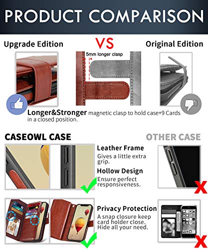 CASEOWL Wallet Case Compatible for iPhone 12/12 Pro, Magnetic Detachable Slim Case with 9 Card Slots, Hand Strap,Compatible for iPhone 12/12 Pro 6.1 inch 2020, 2 in 1 Folio Leather Wallet Case(Brown)
