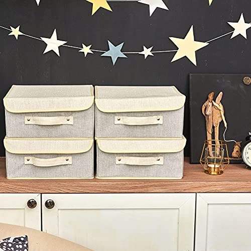 EZOWare 4-Pack Small Fabric Storage Basket Bin with Lid, Collapsible Storage Box Cube Organizer Container for Nursery, Closet, Bedroom - 10.5 x 10.5 x 5 inches, (Gray & Beige)