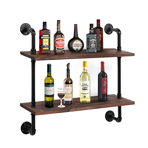 JAXPETY Industrial Floating Shelf 2-Tier Wall Mounted Pipe Shelves Rustic Wood Shelf Metal Bracket Storage Space Display Bookshelf for Bedroom, Living Room, Office