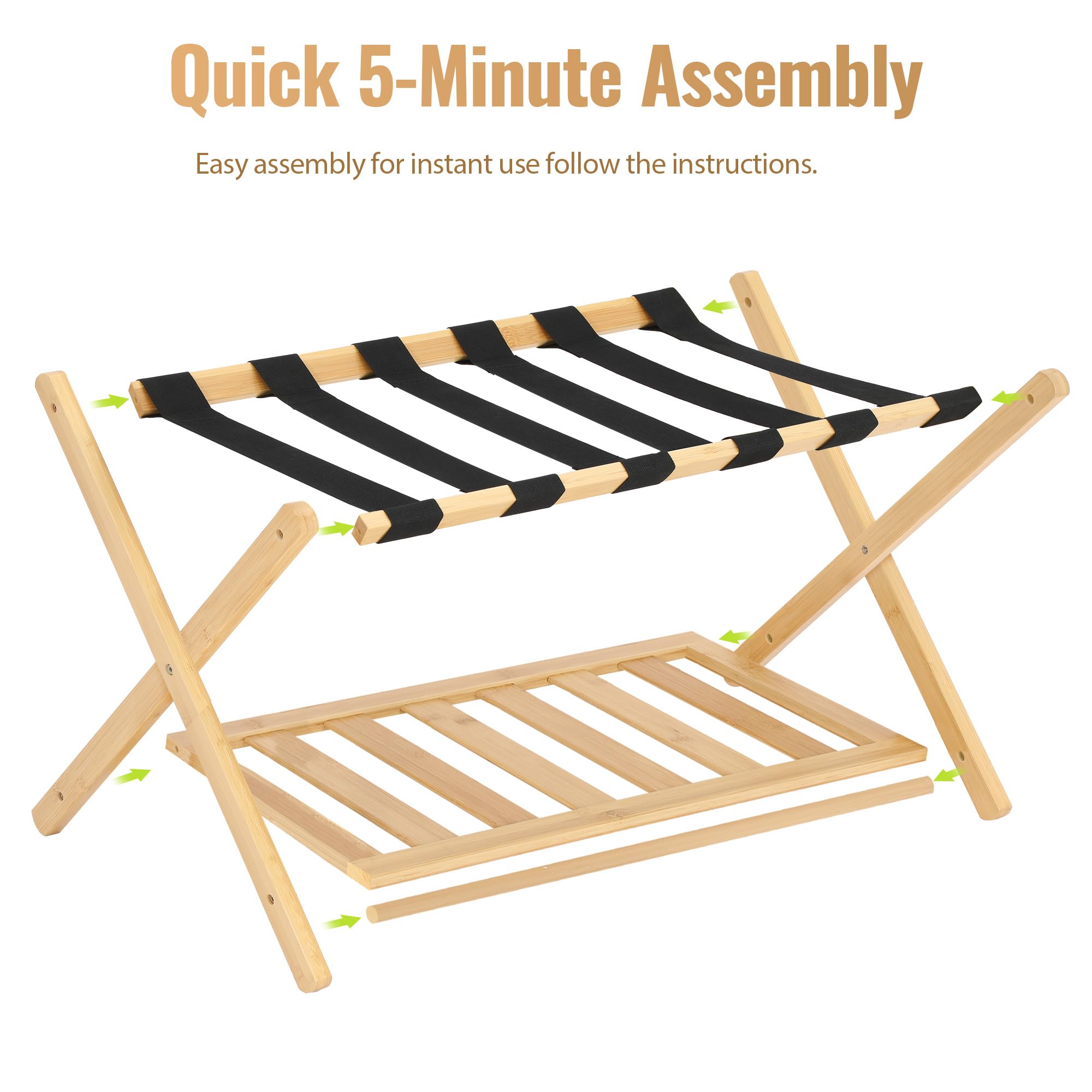 Lynxor 2-Pack Folding Luggage Racks, Foldable Bamboo Suitcase Stand with Storage Shelf, Luggage Holder with 6 Nylon Straps for Hotel Guest Room Bedroom, Nature 2Pcs