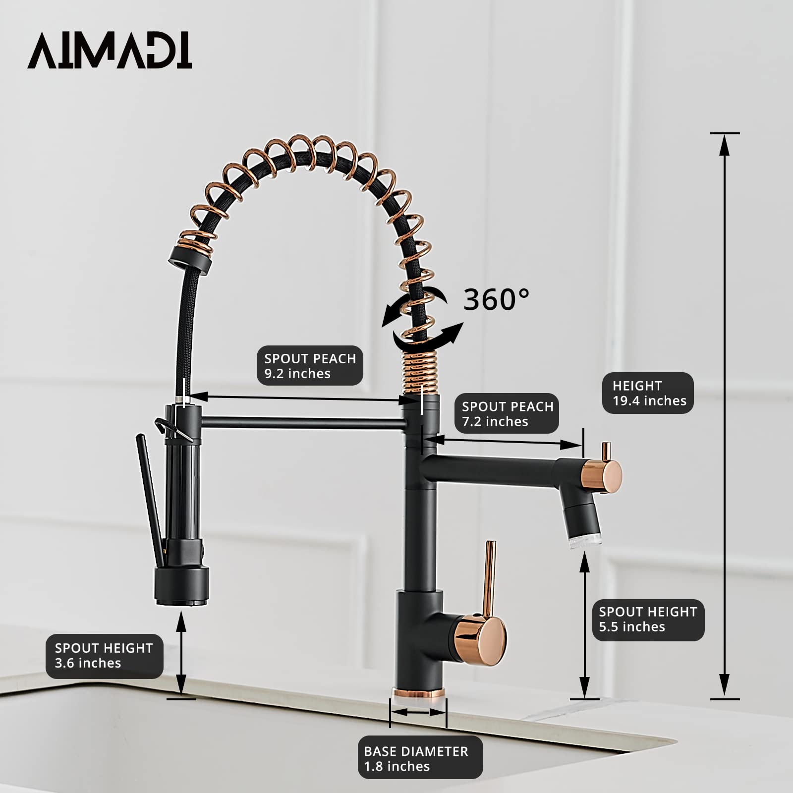Matte Black Kitchen Faucet AIMADI - Commercial Kitchen Faucets Single Handle Single Hole Spring Rose Gold Kitchen Faucet with Pull Down Sprayer Black