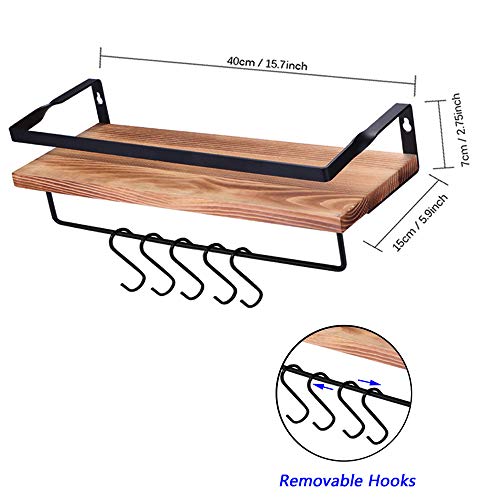 YEVIOR Floating Shelves Wall Mounted, Floating Wall Shelves with 5 Hooks, Rustic Pine Wood Floating Shelves with Removable Towel Bar, Set of 2 Floating Shelves for Bathroom, Kitchen, Bedroom