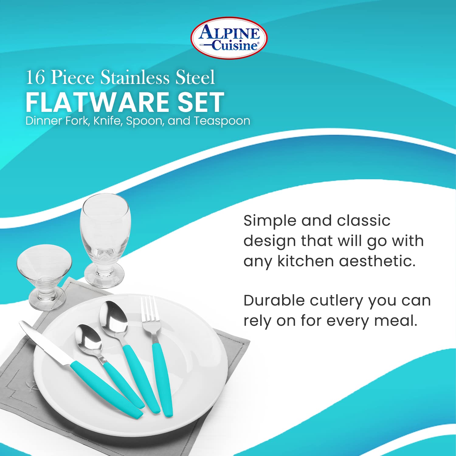 ALPINE CUISINE Flatware Set 16 Piece Service for 4, Stainless Steel Flatware Cutlery Set Includes Dinner Knives/Forks/Spoons - Great for Camping or College Dorms - Dishwasher Safe - Aqua