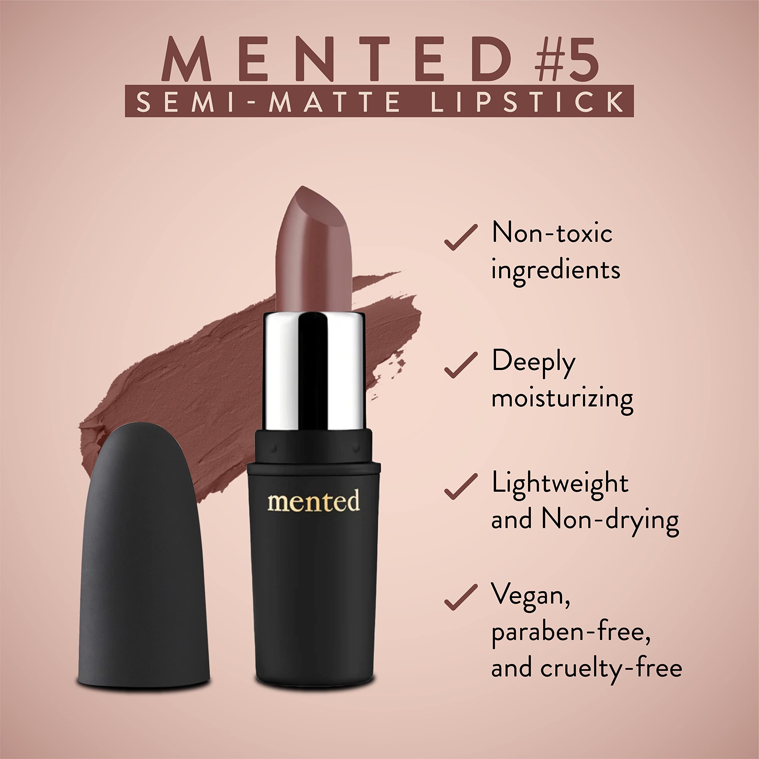 Mented Cosmetics Nude Lipstick for Women, Semi-Matte Long-Lasting Lip Stick, Moisturizing Vegan, Paraben & Cruelty-Free, Enhances All Complexions, Perfect for Everyday Makeup, Mented No. 5