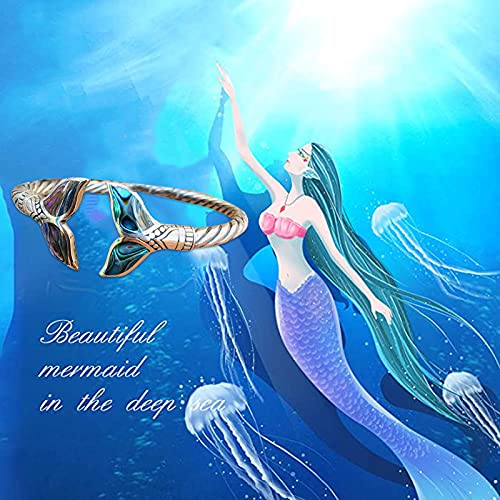 Abalone Shell and Mermaid Tail Bangle Bracelet Adjustable Bangle Open Hand Chain for Women, Birthday Charms, Shiny Finish
