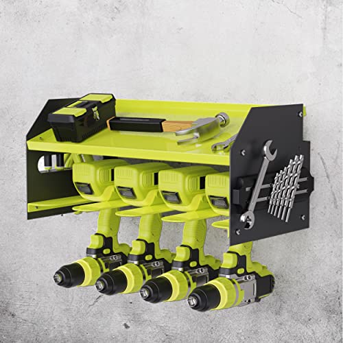 Drill Storage Rack,Power Tool Organizer Drill Holder Wall Mount, Drill Organizer for Garage, Workshop,Drill Bit Storage Shlef, Holds 4 Drills with Screws Box (Green-2 Layer)