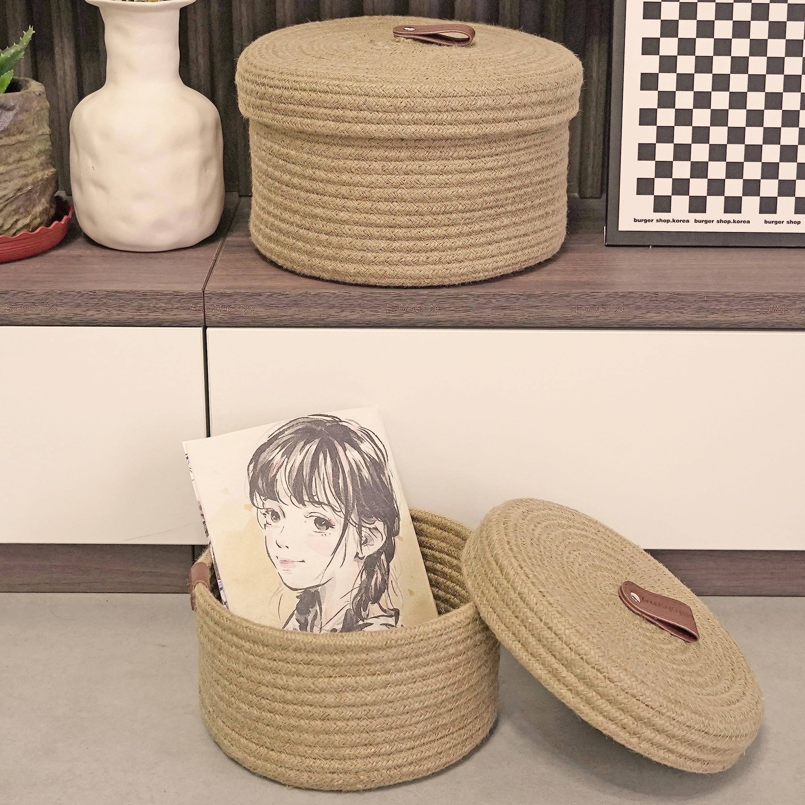 Aplolemo Jute Rope Basket with Lid,Decorative Woven Baskets with Lids,Leather Design Lidded Round Basket,Small Basket with lid,Storage Baskets with Lids-Set of 2(10"x6"/8.5"x5")