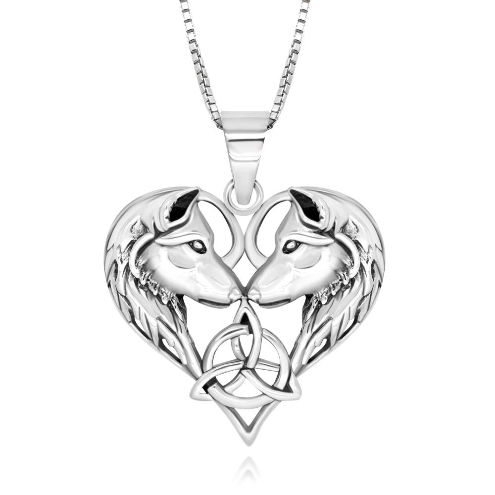 925 Sterling Silver Celtic Love Couple Wolf Heart Pendant Necklace 18"