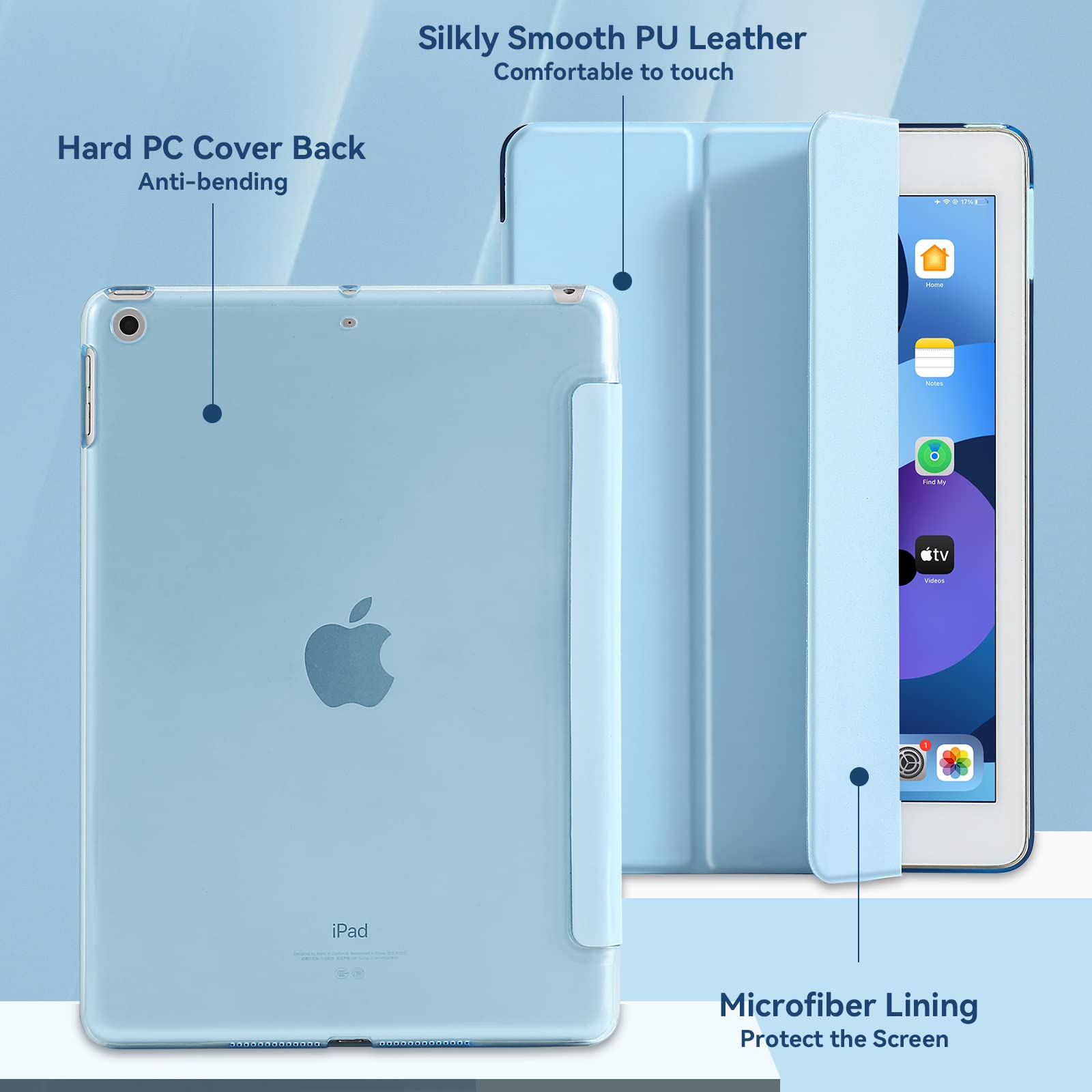 4UBonLife Case for iPad 6th/5th Generation Cases 9.7 inch 2018/2017, Slim Lightweight Hard Cover Stand Smart Case with Translucent Frosted Back Shell for Apple iPad 5/6 Gen,Auto Wake/Sleep,Light Blue