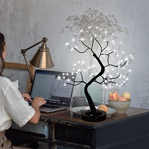 FUCHSUN Tabletop Tree Light Led Desk Lamp Artificial Tree for Home Office Decorative Branches for Party Halloween Holiday Battery USB Operated Bonsai with Timer (White Glow)