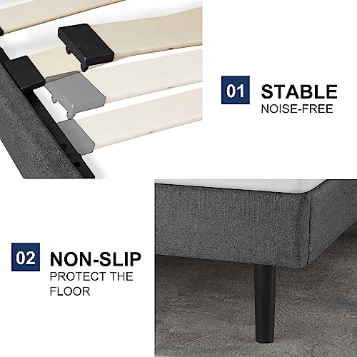 Molblly Queen Bed Frame Upholstered Platform with Headboard and Wooden Slats Support,Platform Queen Bed Only,No Box Spring Needed,Noise-Free,Easy Assembly,Dark Grey