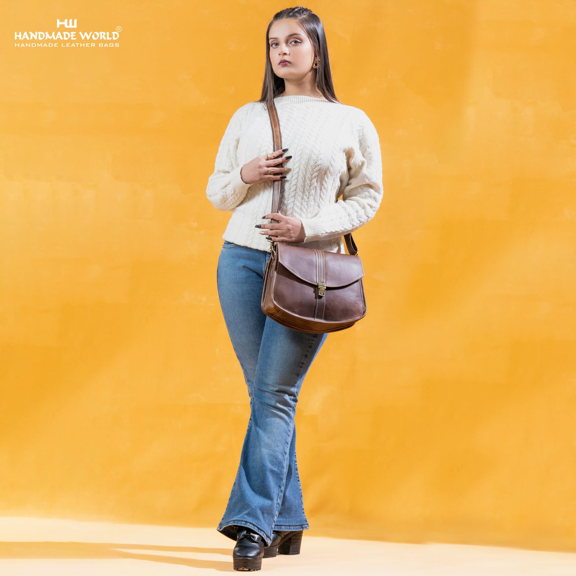 Handmade World Premium Leather Crossbody Satchel Bag For Women Handbag Travel Purse and Sling Saddle Bag (Brown)