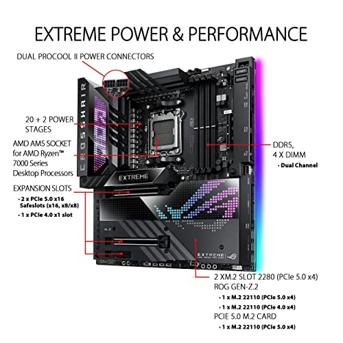 ASUS ROG Crosshair X670E Extreme(WiFi 6E) Socket AM5(LGA 1718) Ryzen 7000 EATX Gaming Motherboard(20+2 Power Stages, PCIe® 5.0, DDR5, 5xM.2 Slots,USB 3.2 Gen 2x2 Front-Panel,USB4™ Ports,Anime Matrix)
