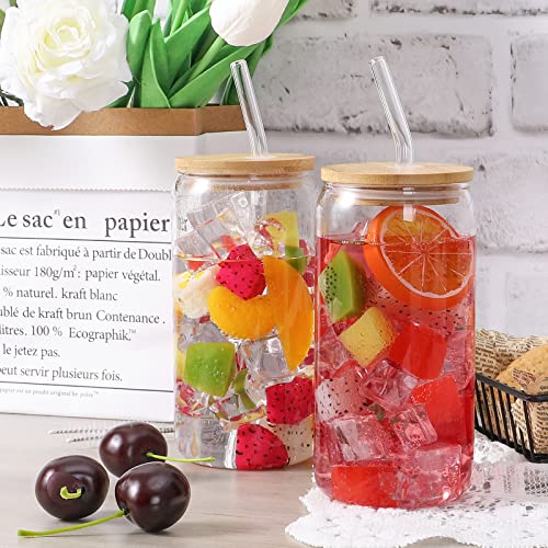 Drinking Glasses with Bamboo Lids and Glass Straw 8pcs Set, 16oz Beer Glasses Glass Cups, Iced Coffee Glasses, Ideal for Whiskey, Soda, Tea, Great Gift + 2 Cleaning Brushes