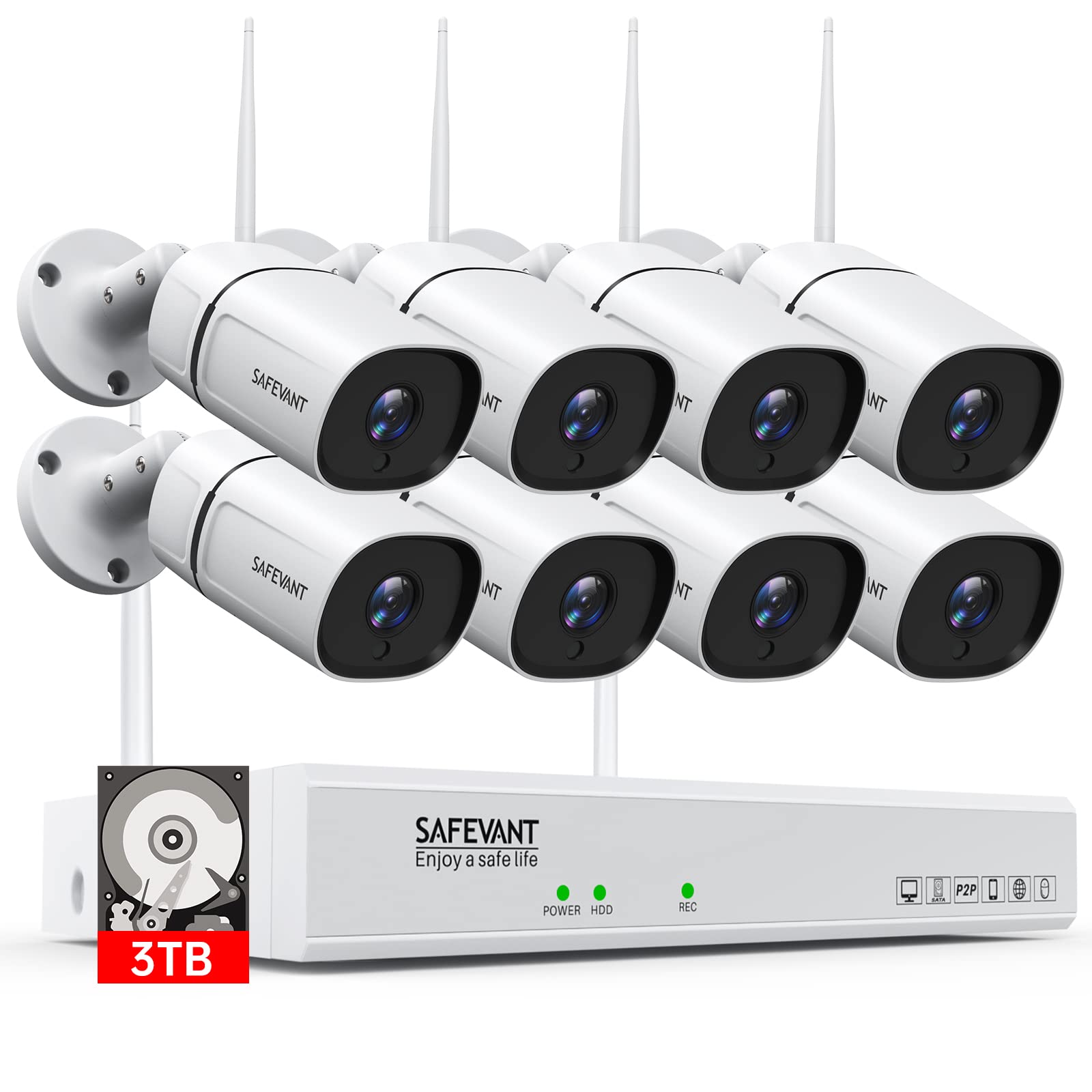 5MP Wireless Security Camera System with Two Way Audio, SAFEVANT 8 Channel NVR with 8pcs HD Cameras Surveillance System WiFi Camera System Home CCTV for Outdoor Indoor Use, 3TB HDD