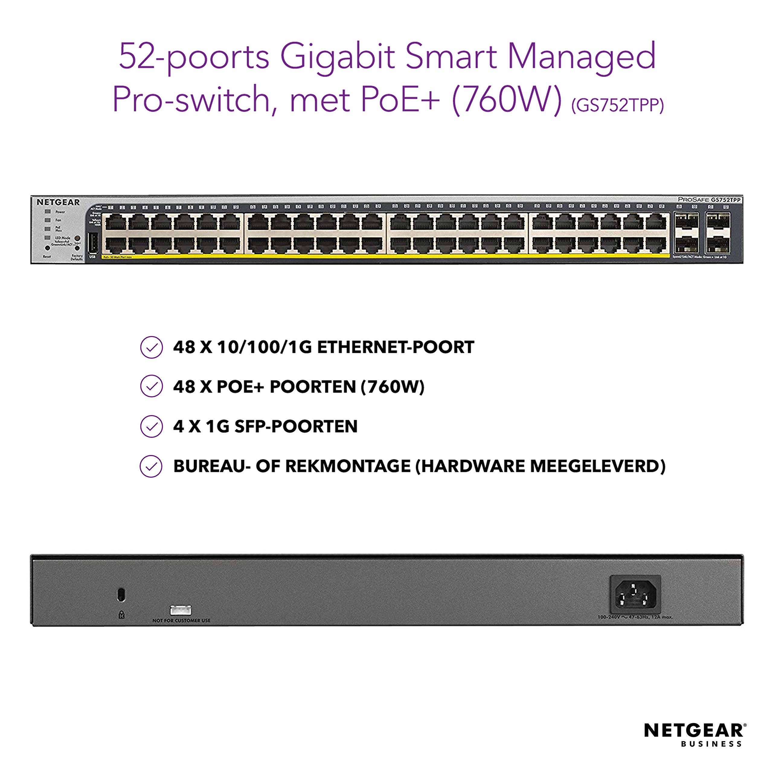 NETGEAR 52-Port Gigabit Ethernet Smart Managed Pro PoE Switch (GS752TPP) - with 48 x PoE+ @ 760W, 4 x 1G SFP, Desktop/Rackmount, and and ProSAFE Lifetime Protection