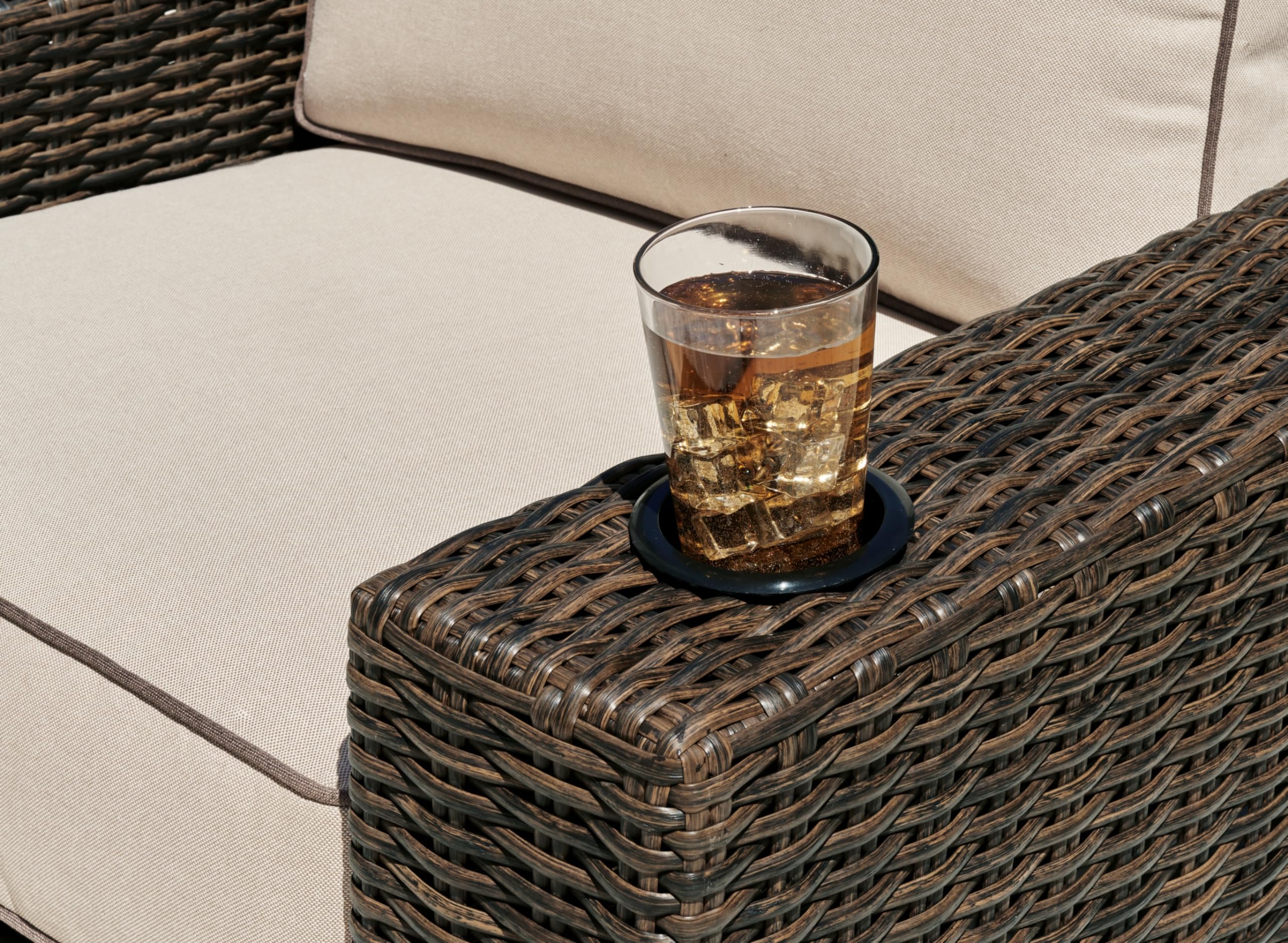 Signature Design by Ashley Coastline Bay Casual Outdoor Swivel Lounge with Cushion and 2 Cup Holders, Beige & Dark Brown
