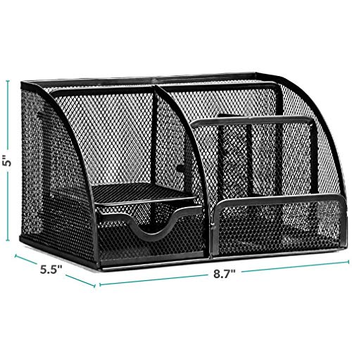 MONBLA Mesh Multi-Functional Stationery Storage Organizer Office Stationery Case Stationary Caddy Metal Desk Organizer Pencil Pen Holder 5 Compartments Black