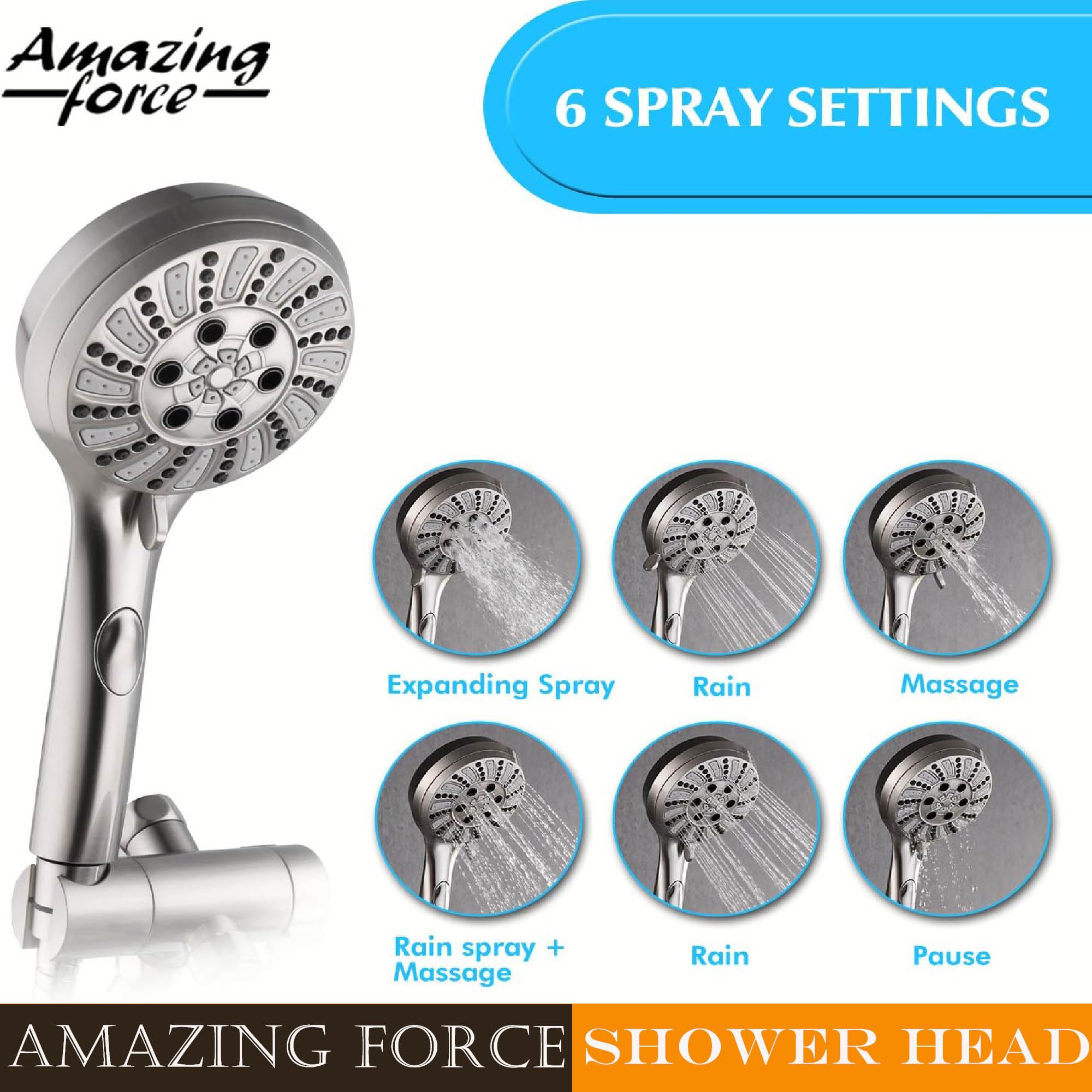 AMAZING FORCE Shower Head,6 Spray Mode Handheld High Pressure Showerhead,4.3 inch