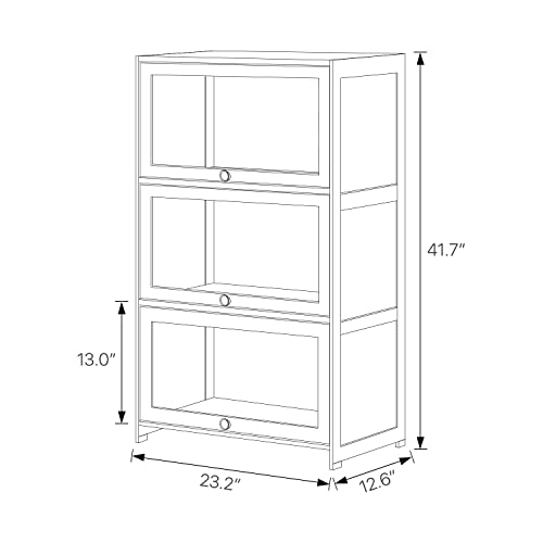 MoNiBloom 3 Tier Book Cabinet with Acrylic Doors, Bamboo Display Shelf Organizer Stand for Children's Student, Hallway, Home, Office, Brown
