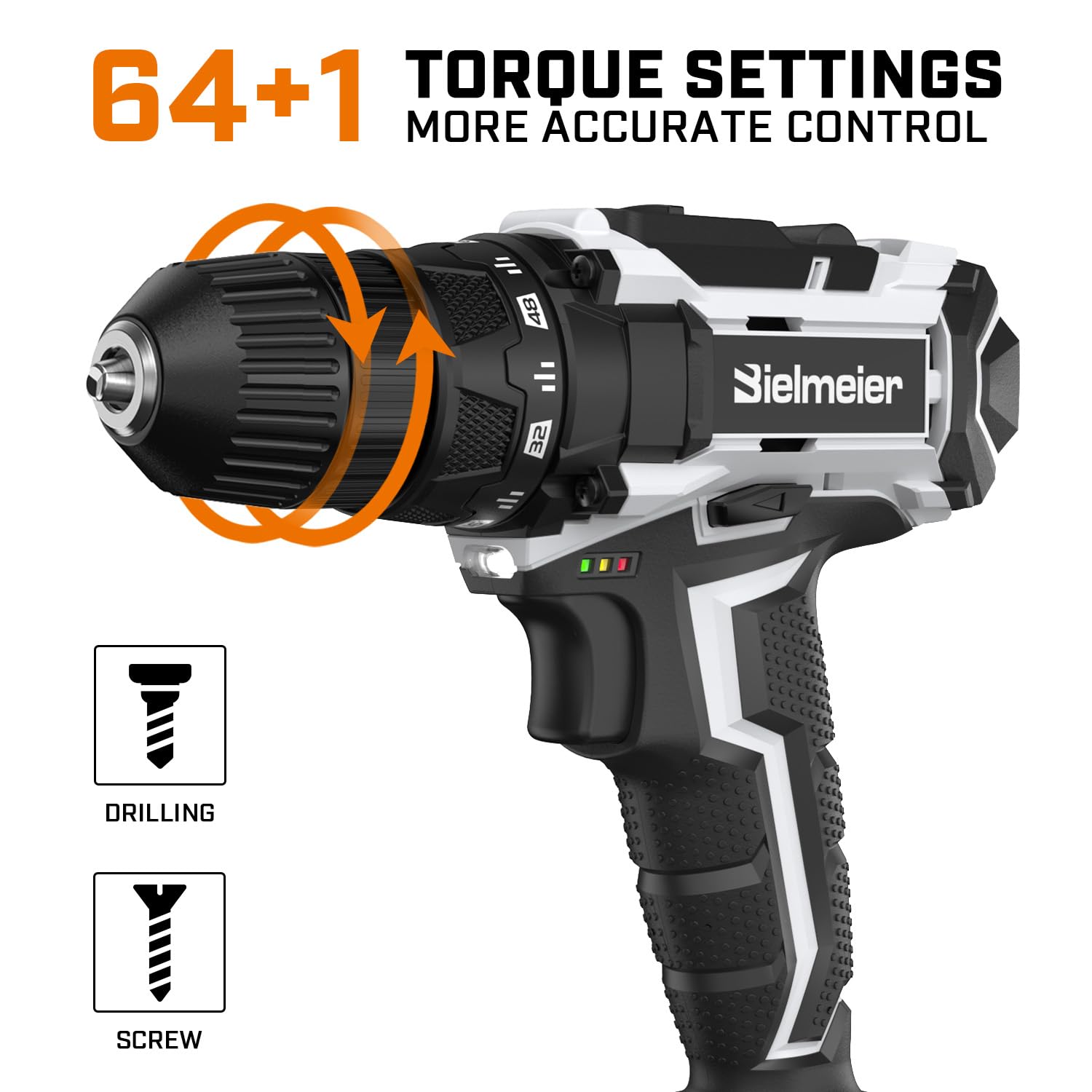 Bielmeier 20V MAX Cordless Drill Set – 285 In-lb Torque,2 Variable Speed,64+1 Position,3/8" Keyless Chuck,Drill Machine Includes 2 Brushes,Flex Shaft,Cloth Bag & 58 Drill Bits(Black)