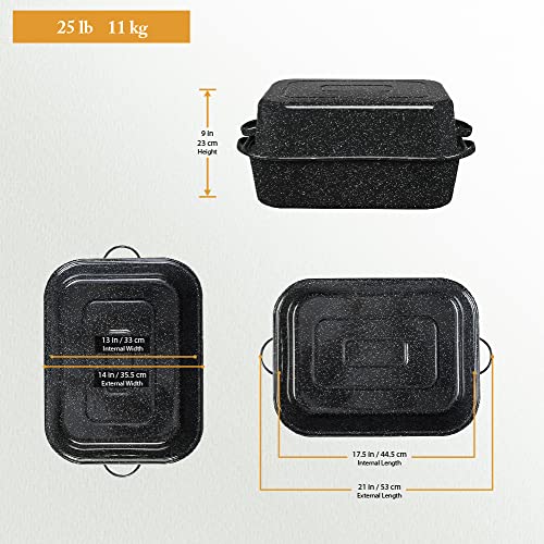 Granite Ware 25 lb. Enamelware Oven Rectangular Roaster with lid. Capacity 19.5 in (Speckled Black). Dishwasher Safe. Easy to Clean.