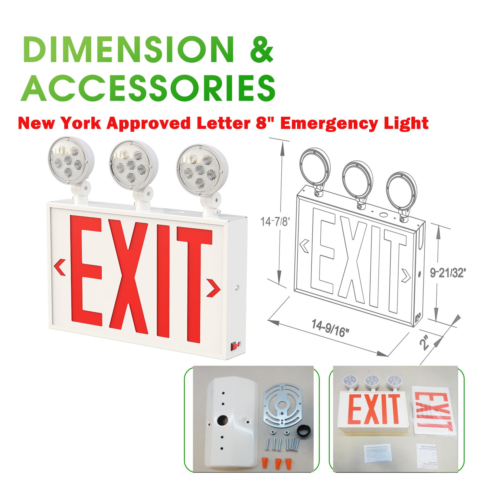 Garrini New York Approved Letter 8" Steel LED Emergency Light Exit Sign Combo Adjustable Lamps Heads, 120-277V, Single and Double Faces, Fire Resistant UL Certified NYC-2000 (3 Heads)