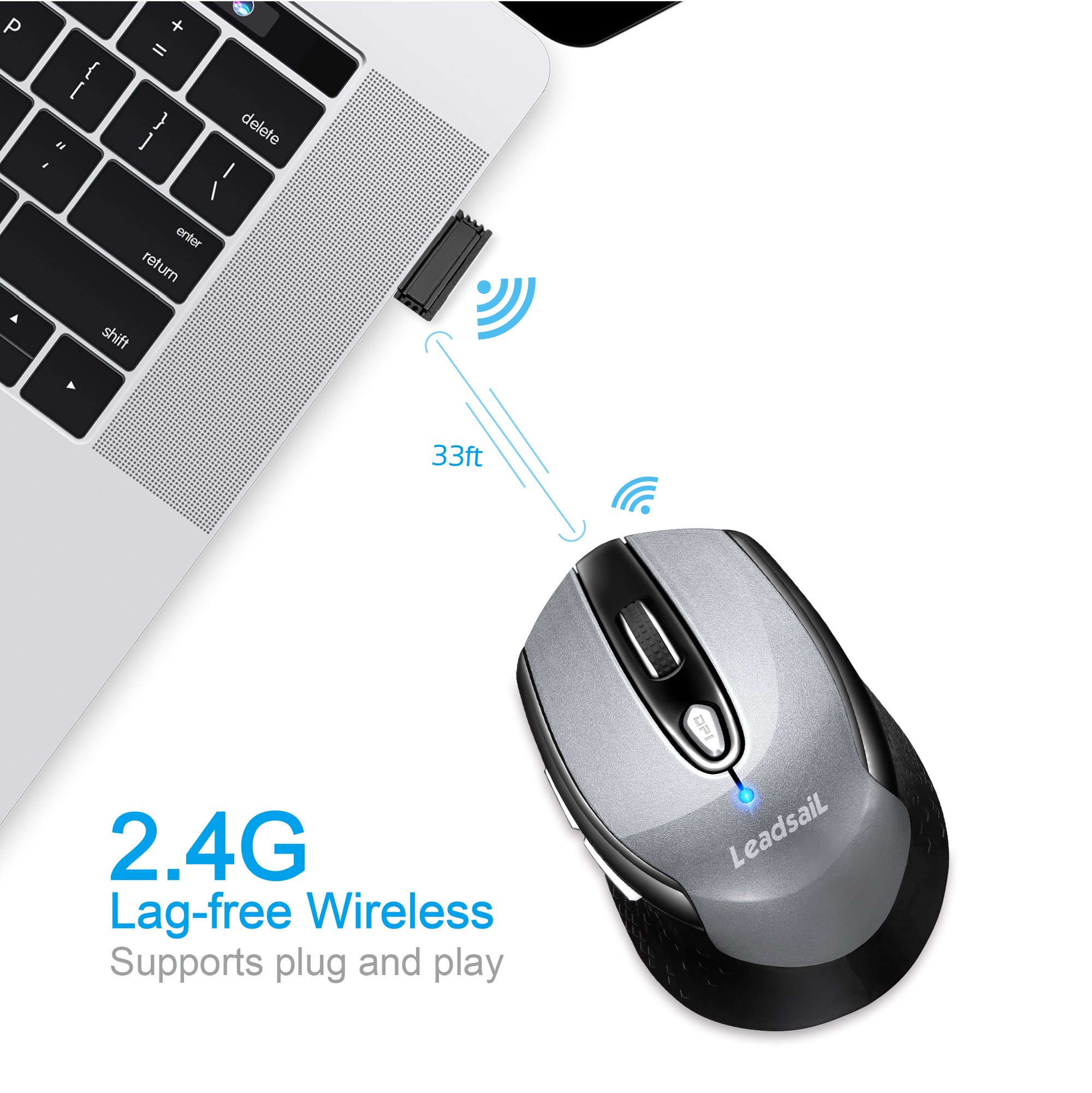 LeadsaiL Wireless Computer Mouse, 2.4G Portable Slim Cordless Mouse Less Noise for Laptop Optical Mouse with 6 Buttons, USB Mouse for Laptop, Deskbtop, MacBook (Grey)
