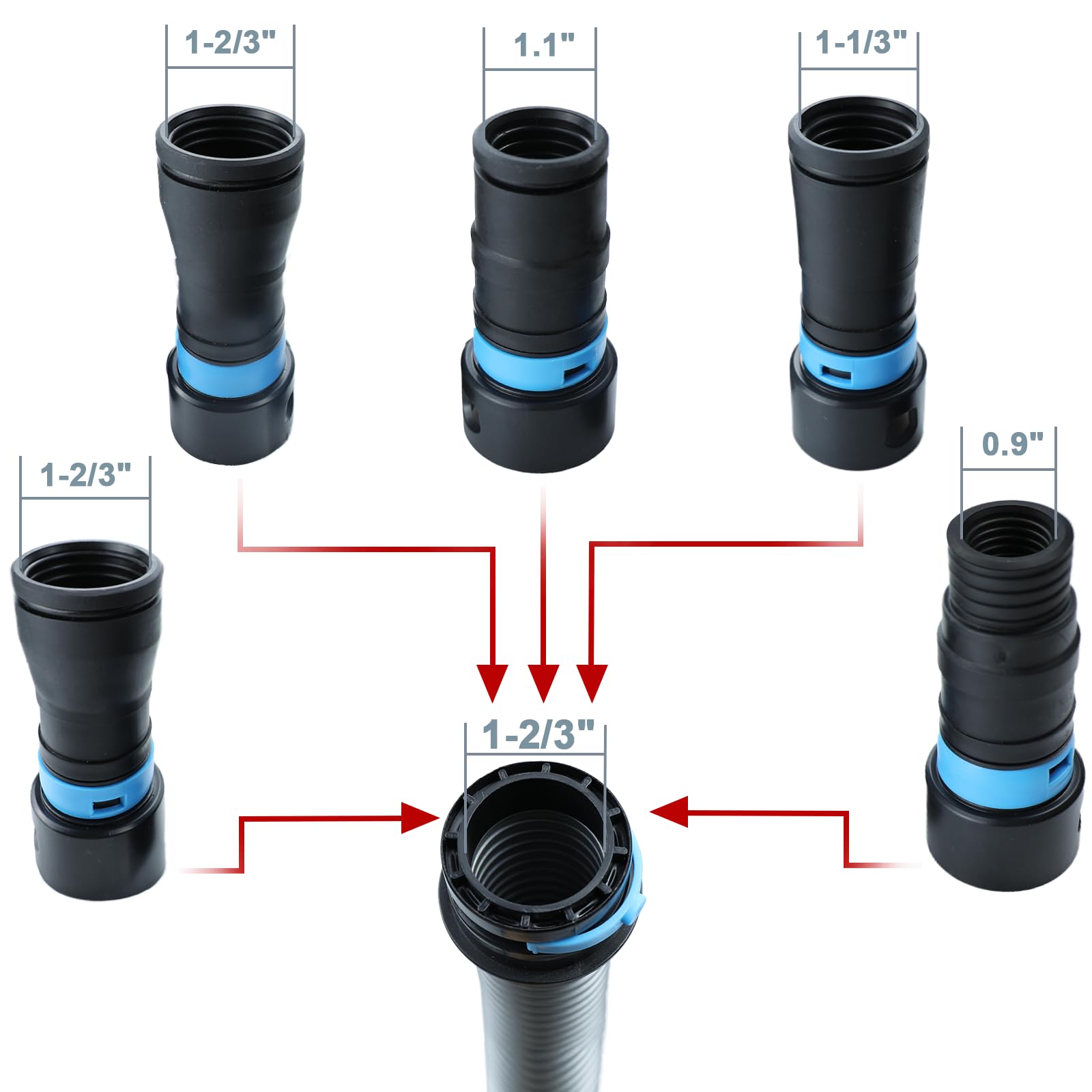 5 Dust Collection Hose Adapters Kit for Home and Shop Vacuum Hose System, Expanded Adapter Set Fits Most Woodworking Power Tools and Sanders, Compatible With Multi-Brands