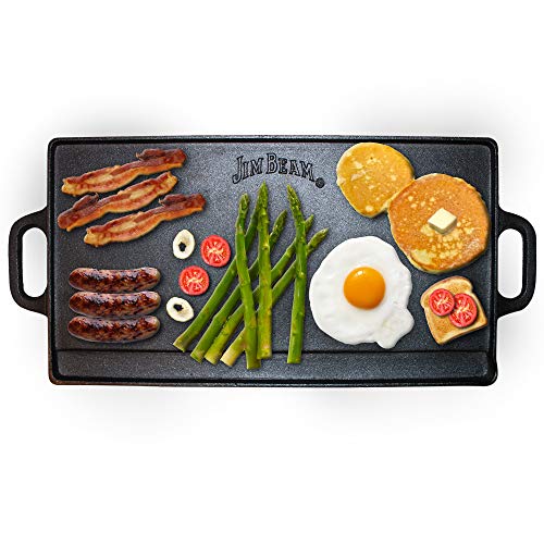 Jim Beam Skillet Pre Seasoned Heavy Duty Construction Double Sided Cast Iron Griddle Pan with Superior Heat Retention, 20"x1"x9", Large, Black,BBQ168