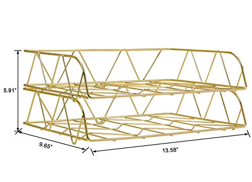 PAG 2 Packs Desktop File Organizer Metal Stackable Horizontal Letter Tray Paper Holder Rack, Gold