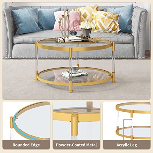 OIOG 2 Tier Coffee Table with Acrylic Legs,32.3" Wide Round Coffee Table with Glass Top, Modern Center Table for Living Room, Studio Apartment,Glass/Gold