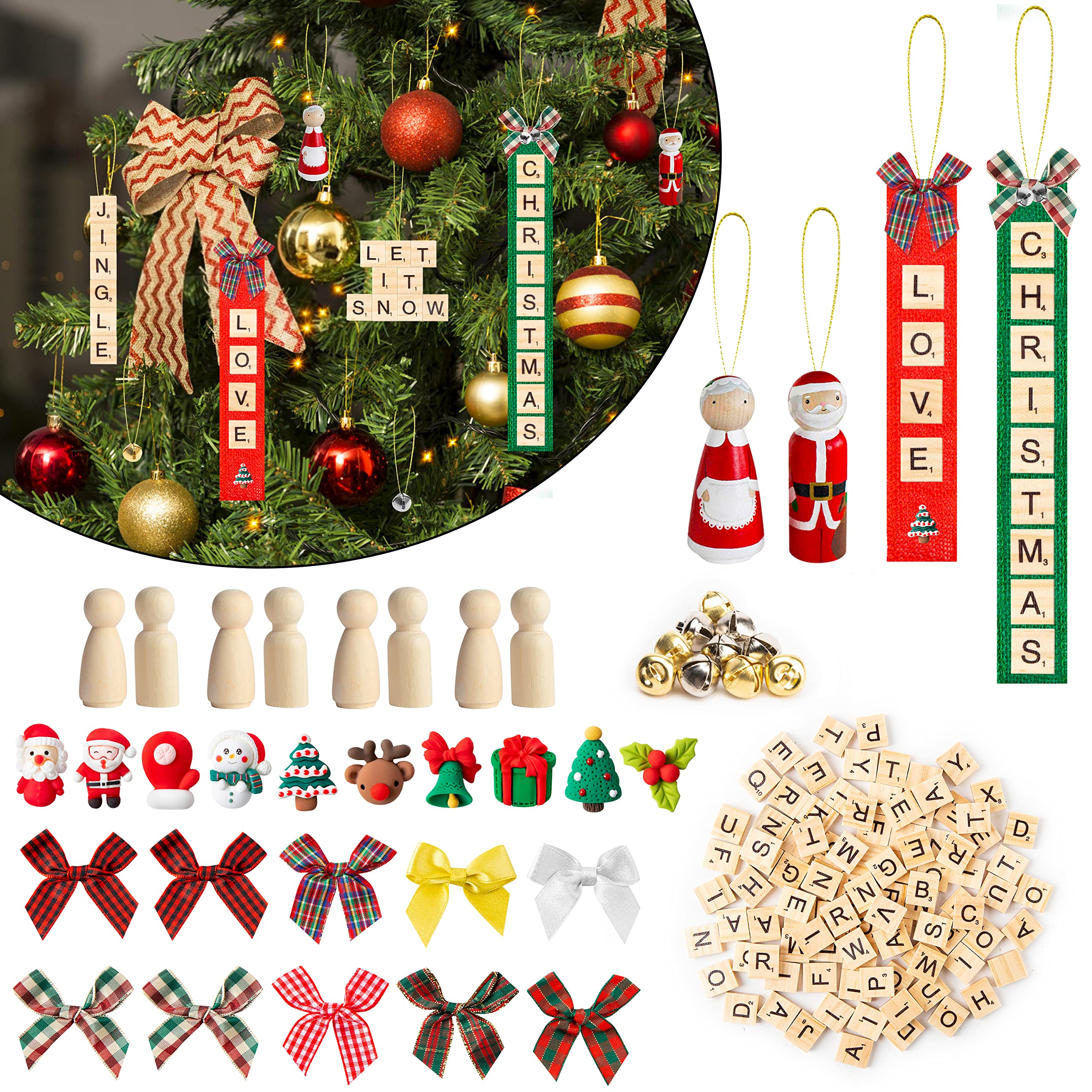 Haooryx 145Pcs Hanging Ornaments Decoration DIY Scrabble Craft Kit Make Your Own Letter Tiles Name Tags Wooden Peg Doll for Winter Holiday Party Home Garden Hanging Decor